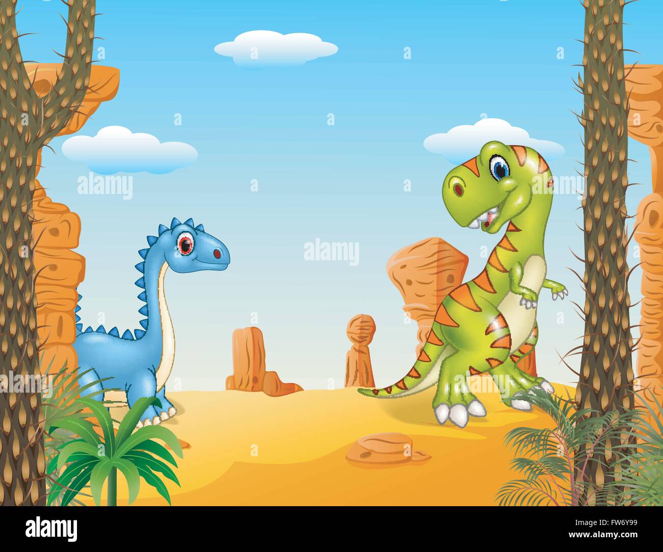 Cartoon funny dinosaur collection with prehistoric background Stock ...