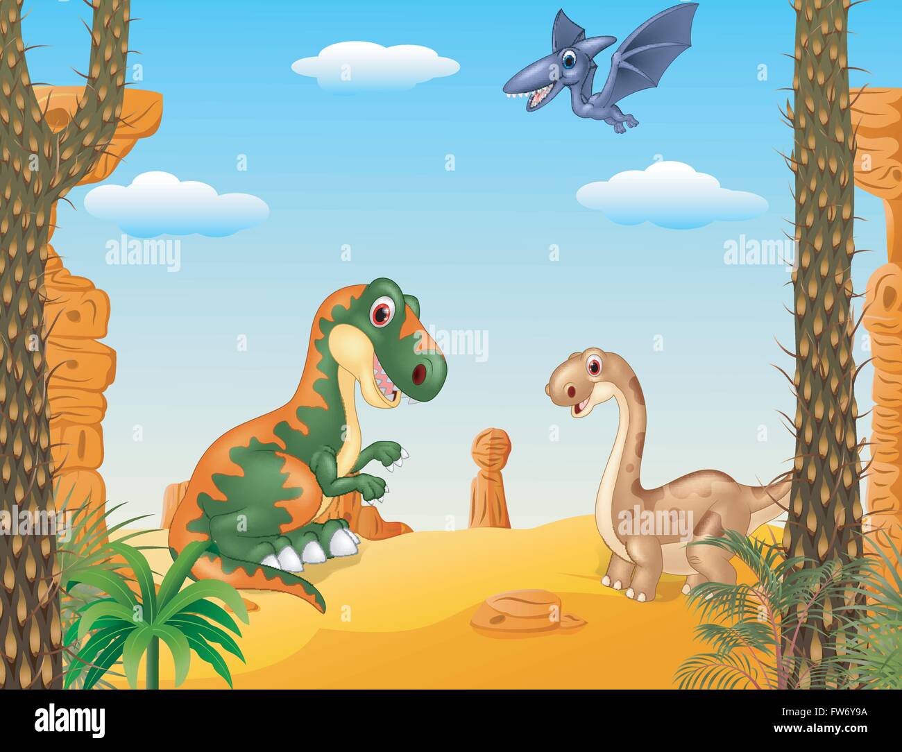 Cartoon happy dinosaur collection with prehistoric background Stock ...