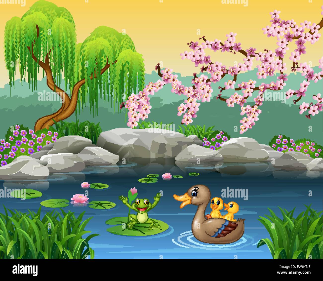 Cute duck swimming with frog Stock Vector Image & Art - Alamy