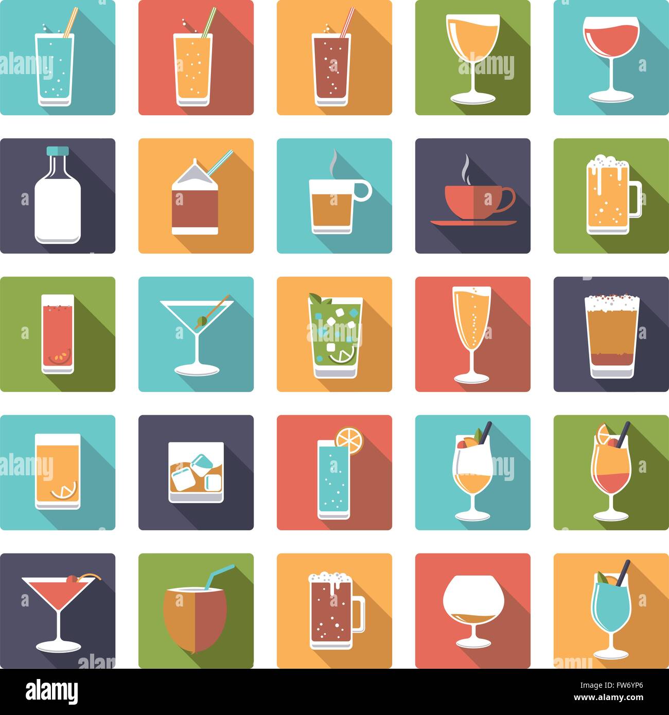 Flat design long shadow drink and beverage icons in squares Stock ...