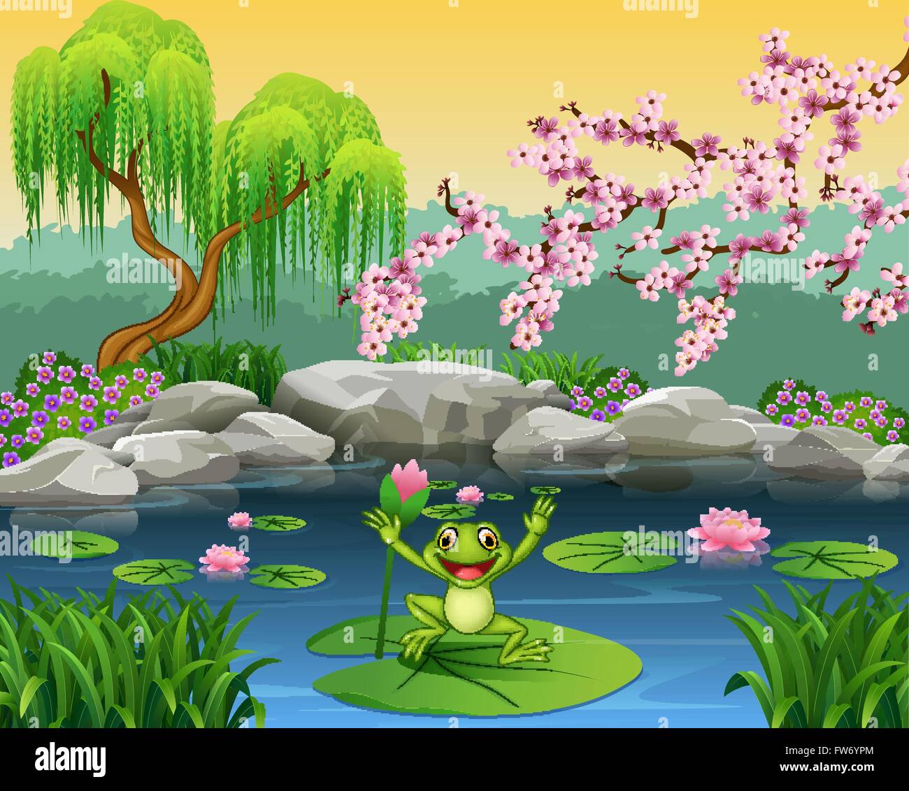 Frog Jumping Into Pond Cartoon