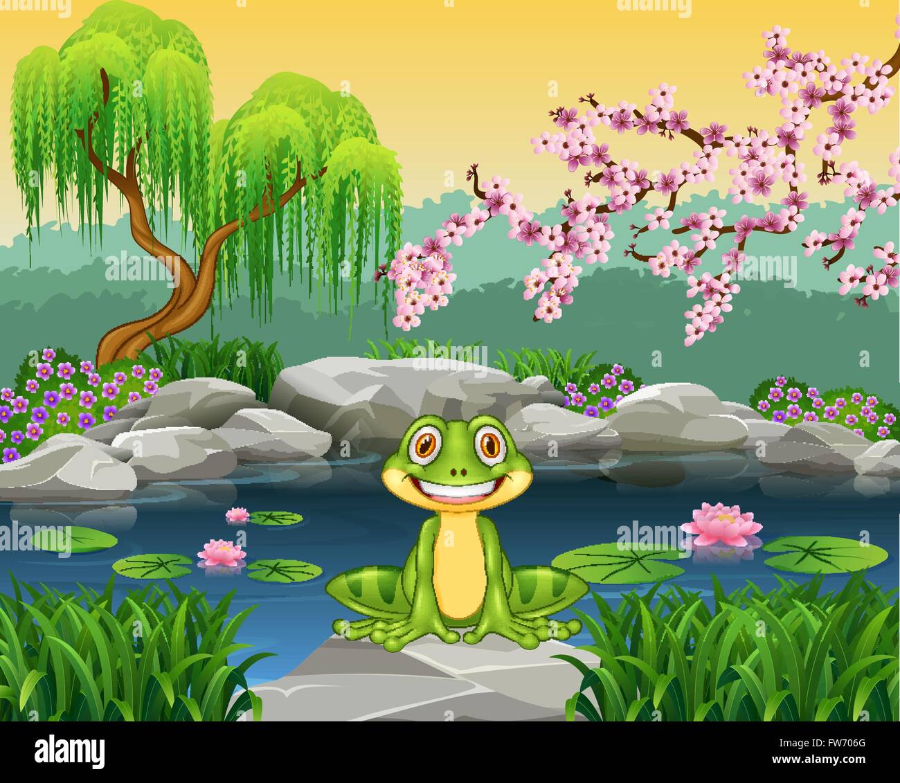 Cartoon funny frog sitting on the rock Stock Vector Image & Art - Alamy