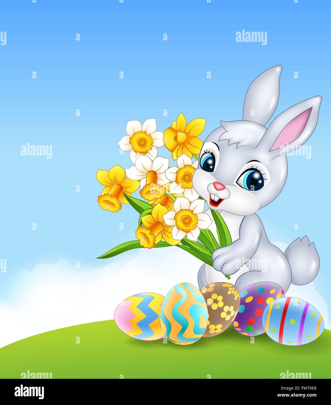 Cartoon happy bunny holding flower with colourful Easter eggs Stock ...