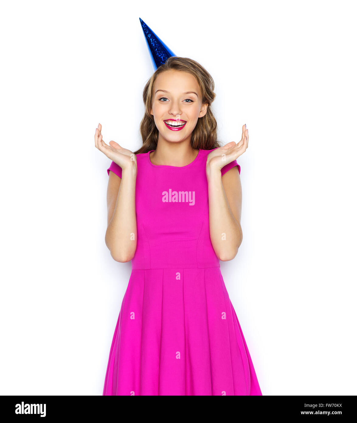 happy young woman or teen girl in party cap Stock Photo - Alamy