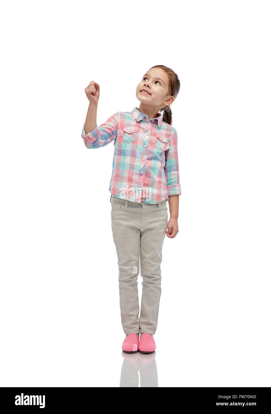 girl looking up and holding something invisible Stock Photo - Alamy