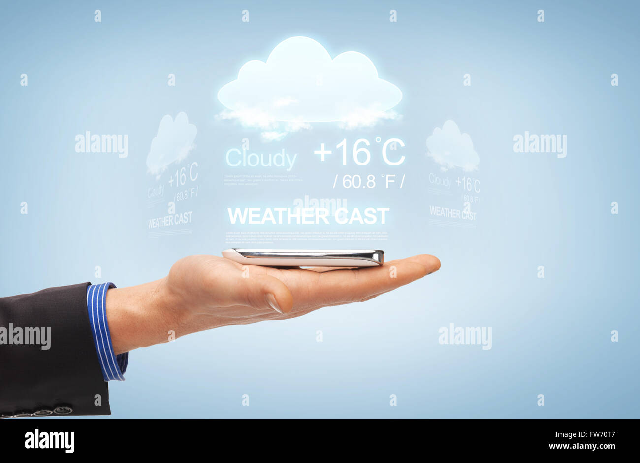 male hand with smartphone and weather cast Stock Photo - Alamy
