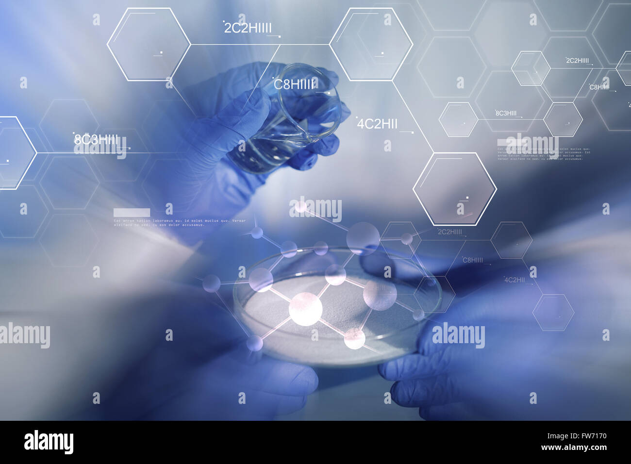 close up of scientists hands with chemicals in lab Stock Photo - Alamy