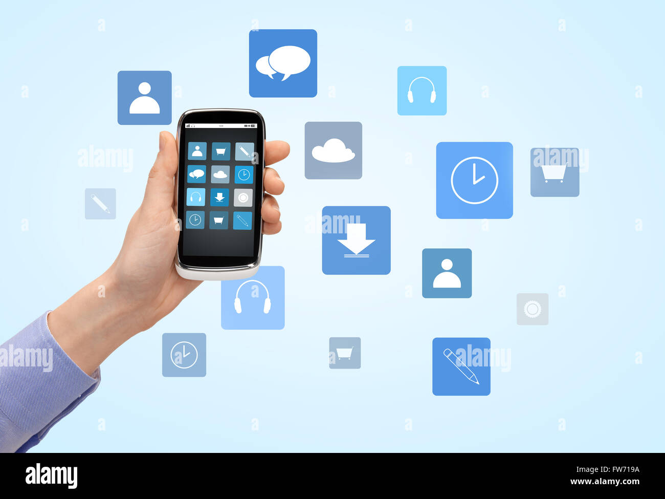 close up of hand with smartphone menu icons Stock Photo - Alamy
