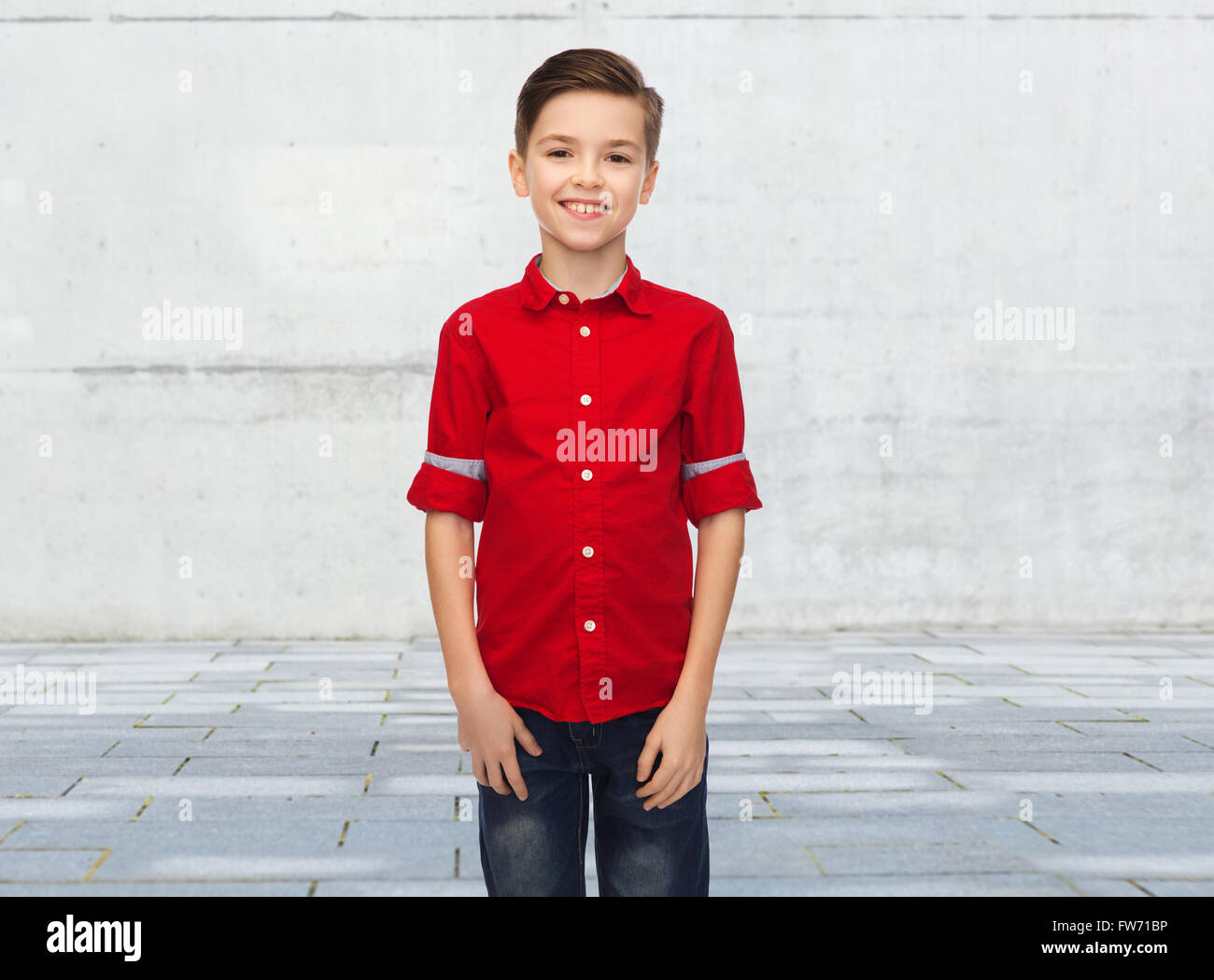 happy boy in red shirt Stock Photo - Alamy