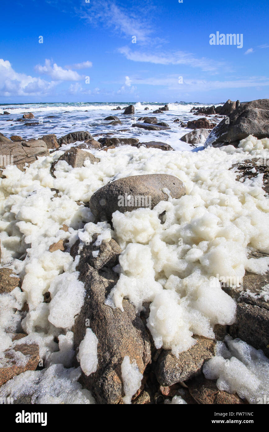 Ocean foam congregating on the rocks as the tide goes out, against a ...