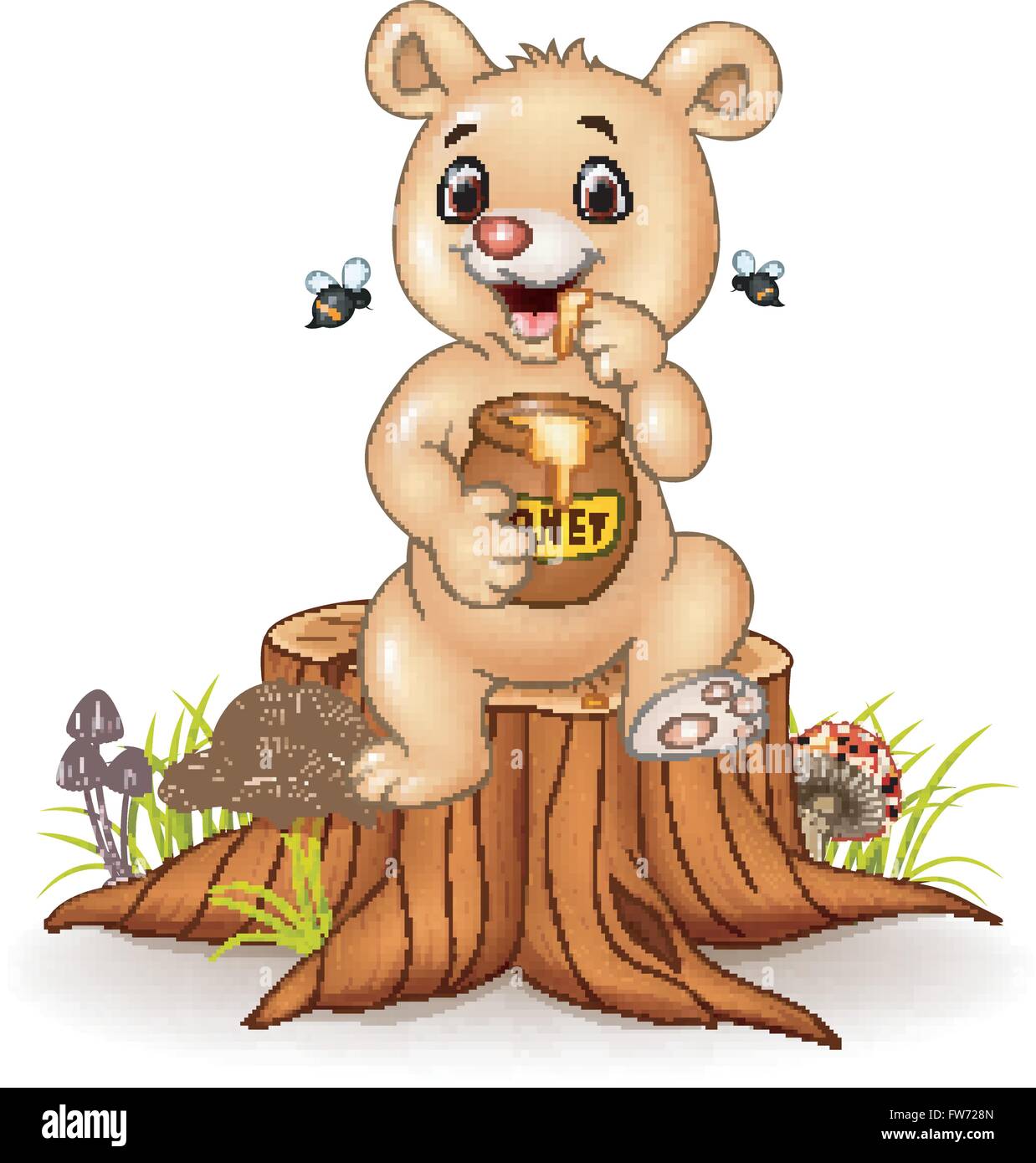 Cute little bear holding honey on tree stump Stock Vector Image & Art ...