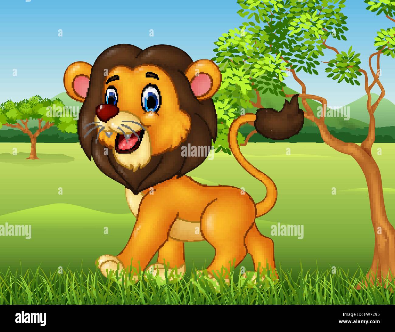 Cartoon funny lion walking in jungle background Stock Vector Image ...