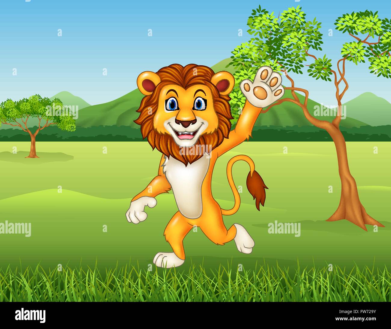 Cartoon funny lion waving on nature background Stock Vector Image & Art ...