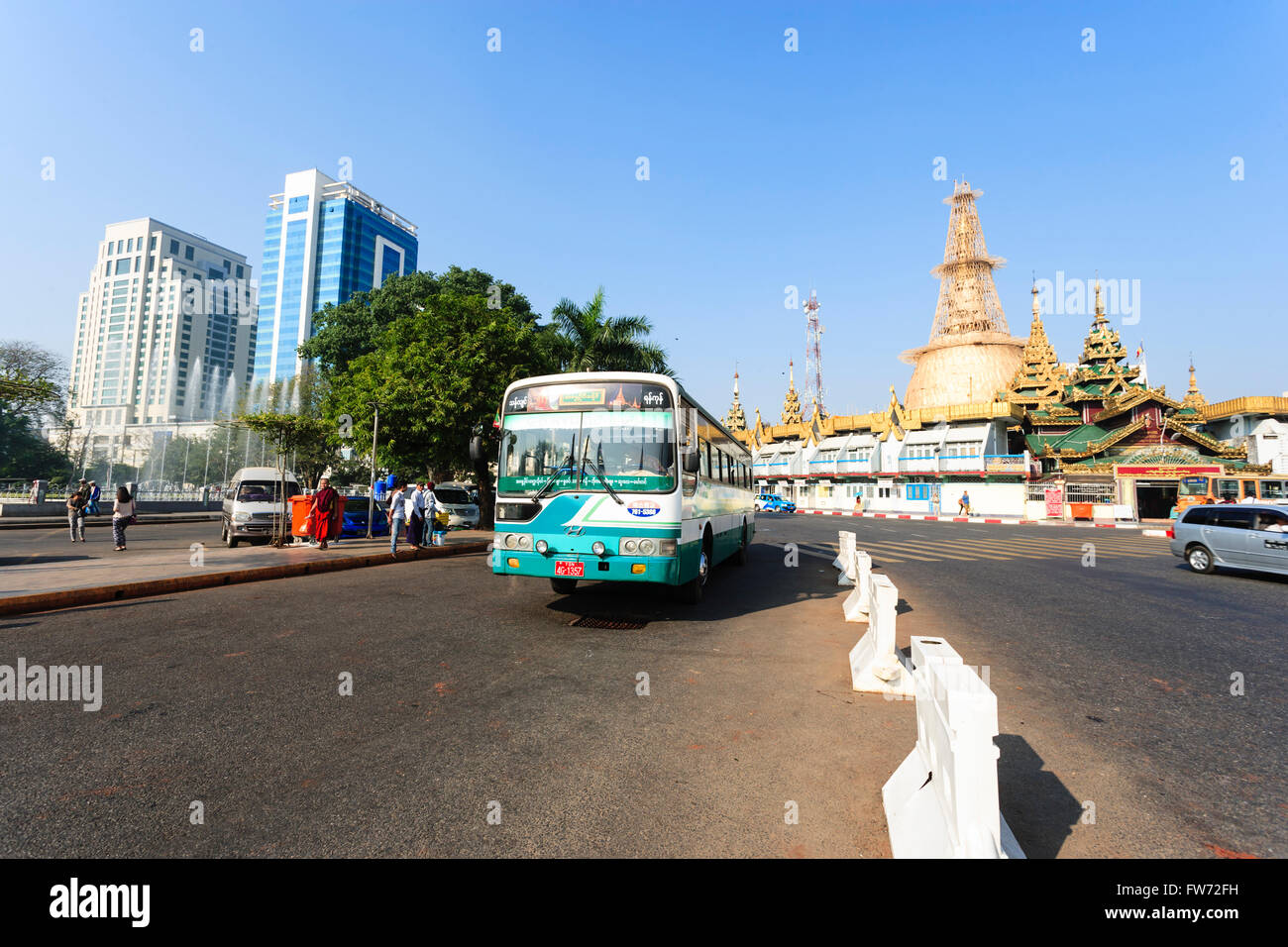 YANGON, MYANMAR - FEB 10, 2016. A bus in downtown Yangon, Myanmar. In ...