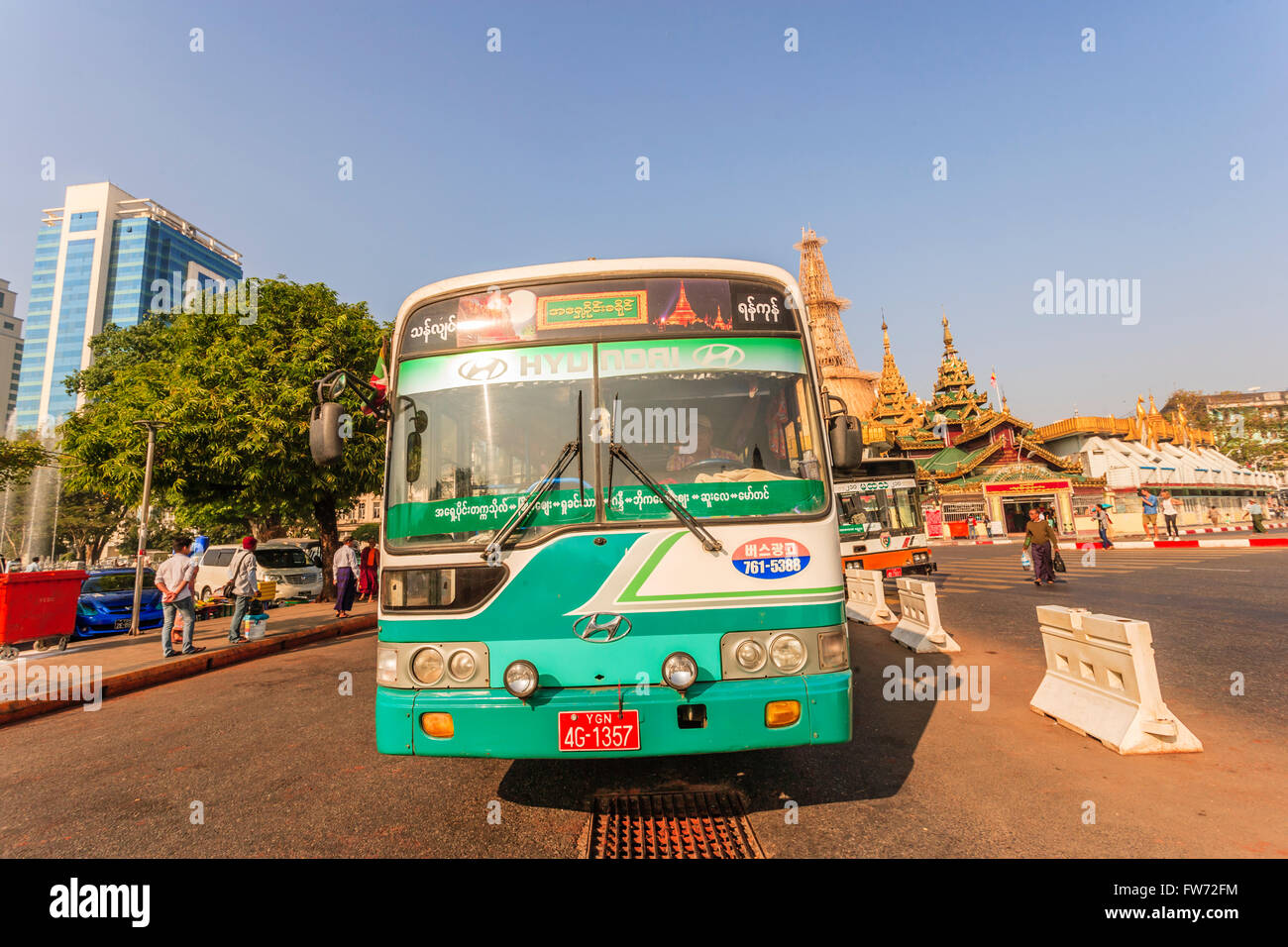 YANGON, MYANMAR - FEB 10, 2016. A bus in downtown Yangon, Myanmar. In ...