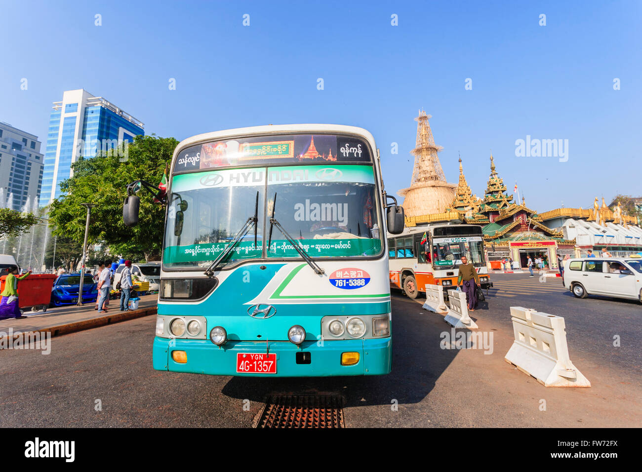 YANGON, MYANMAR - FEB 10, 2016. A bus in downtown Yangon, Myanmar. In ...