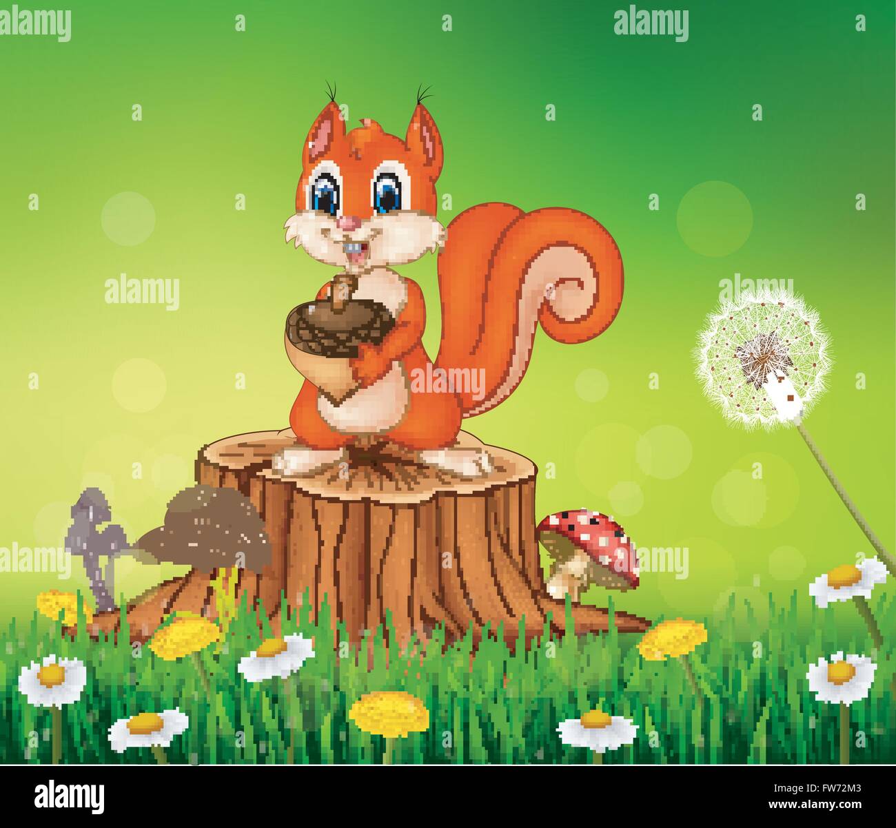 Cartoon squirrel holding pine cone on tree stump in summer season background Stock Vector Image ...