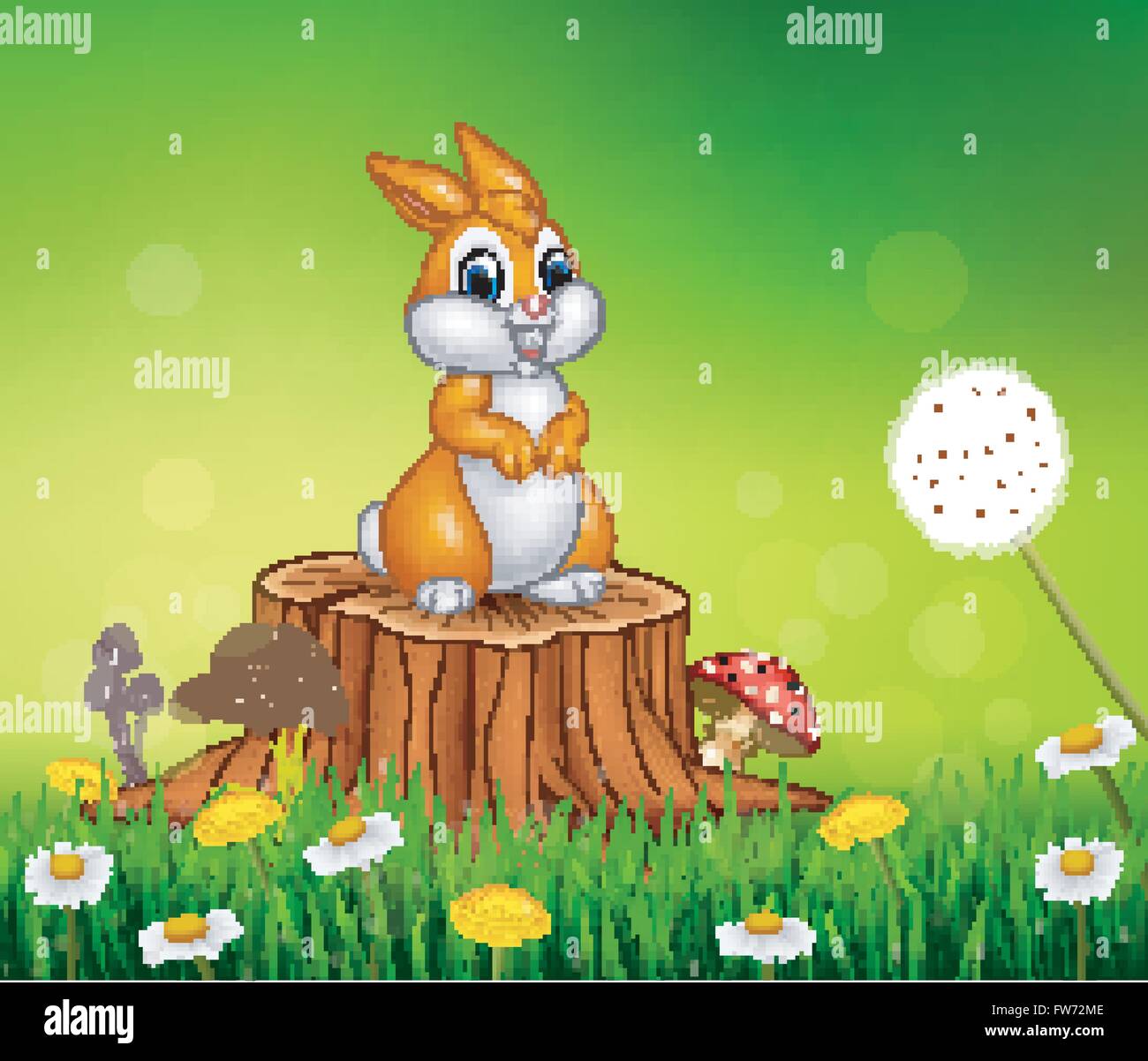 Cute little bunny sitting on tree stump grass background Stock Vector ...