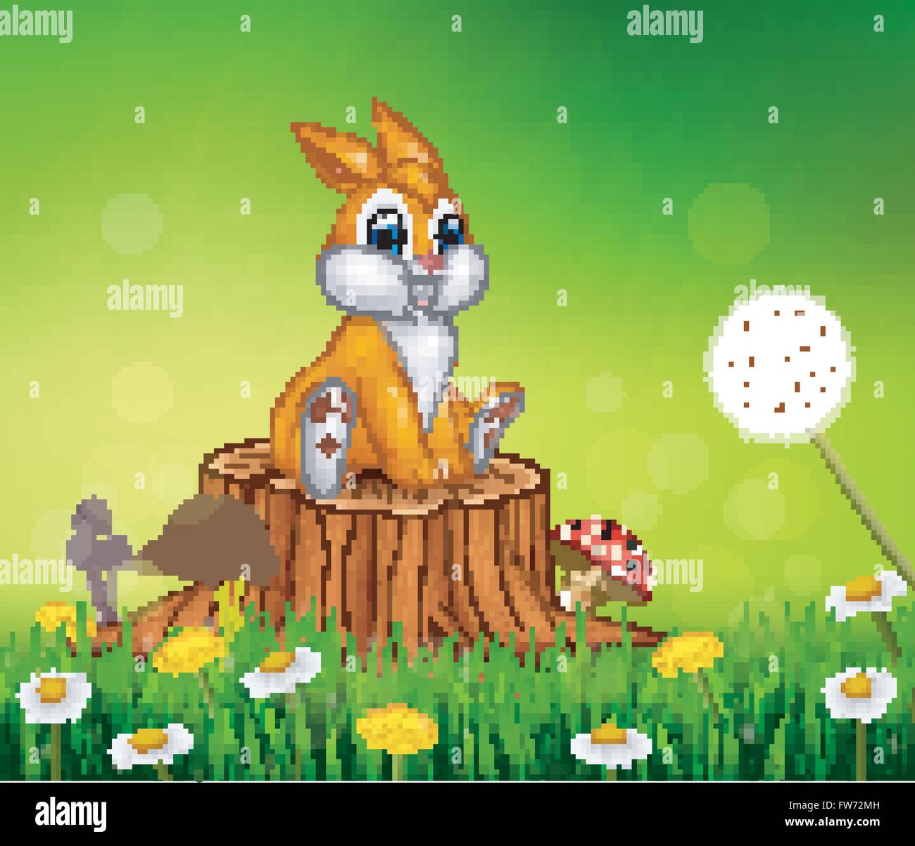 Cute bunny sitting on tree stump grass background Stock Vector Image ...