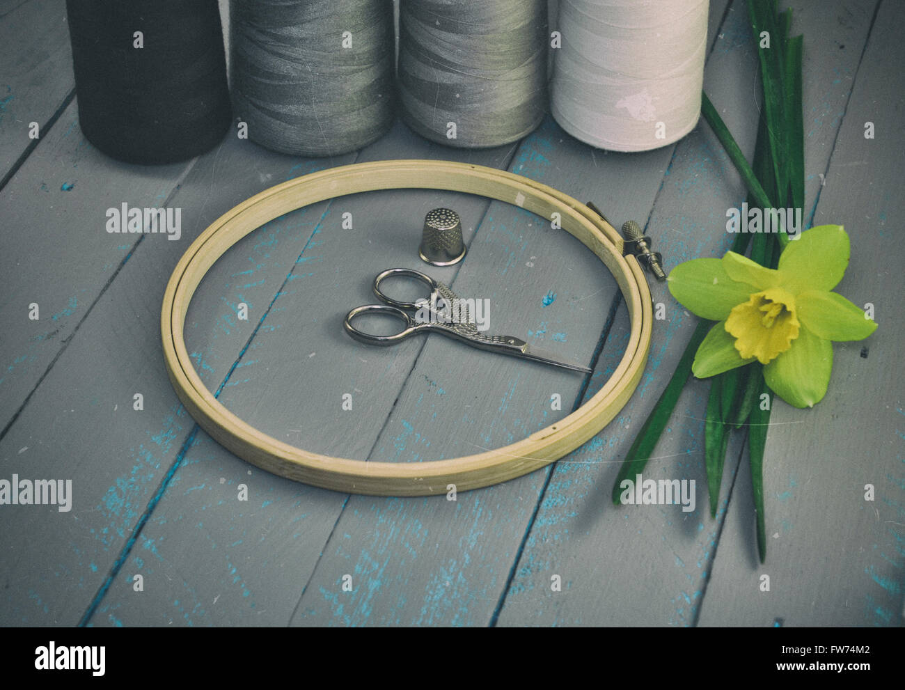 The stylized retro photo objects for embroidery and sewing on a wooden ...