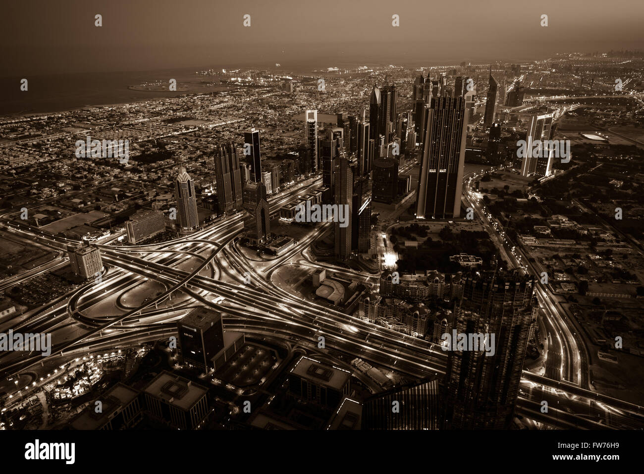 Dubai downtown night scene with city lights. Top view from above Stock ...