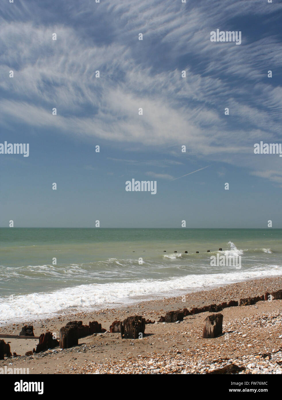 West sussex england english channel beach shingle wooden modern art hi ...