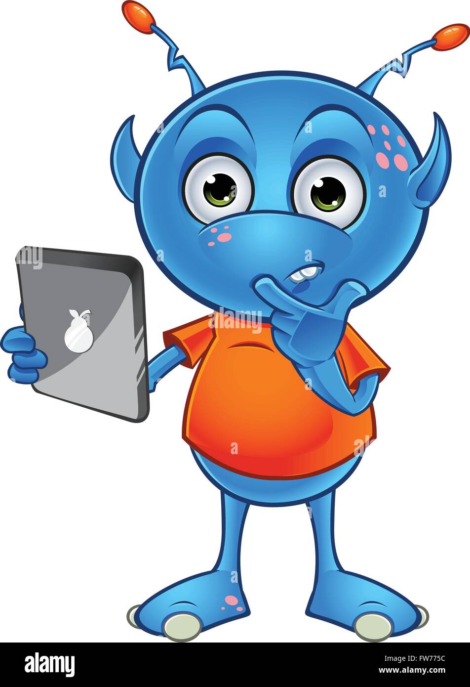 A cartoon illustration of a cute little light blue alien character ...