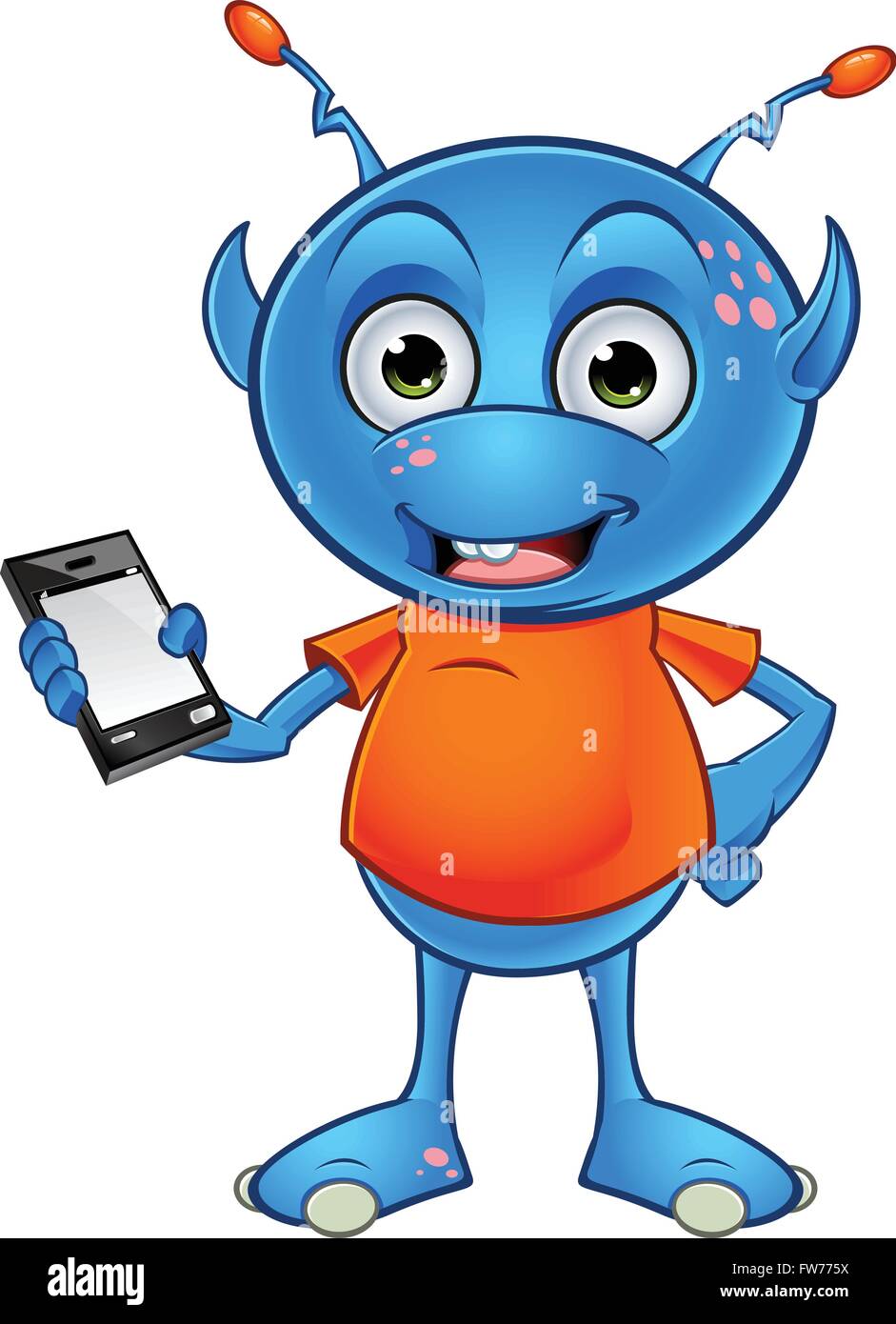 A cartoon illustration of a cute little light blue alien character ...