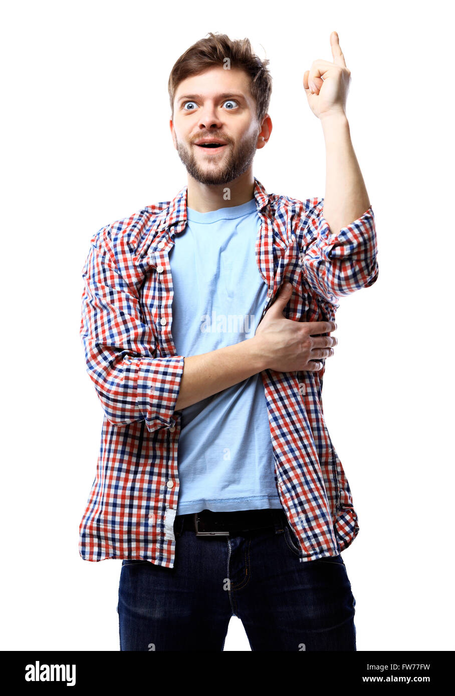 Excited man pointing a great idea - isolated over white background ...