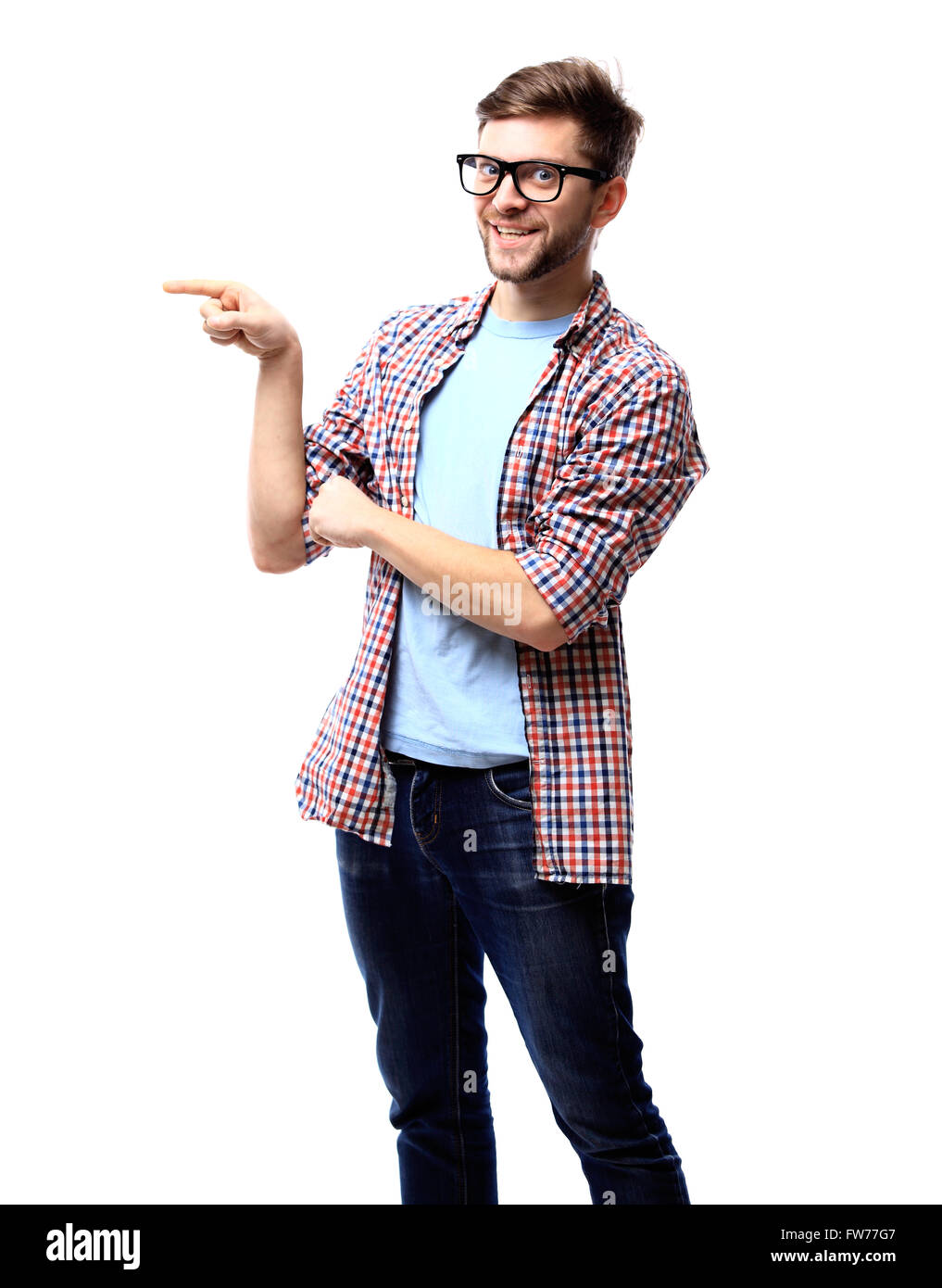 Happy business man presenting and showing with copy space for your text ...