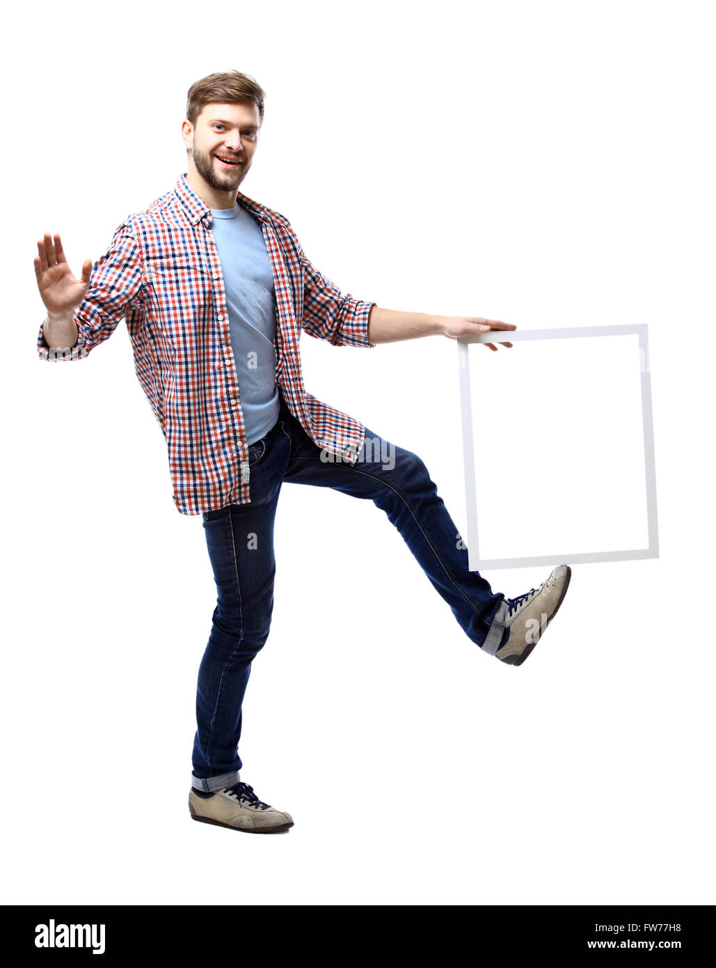 Happy business man presenting and showing with copy space for your text ...