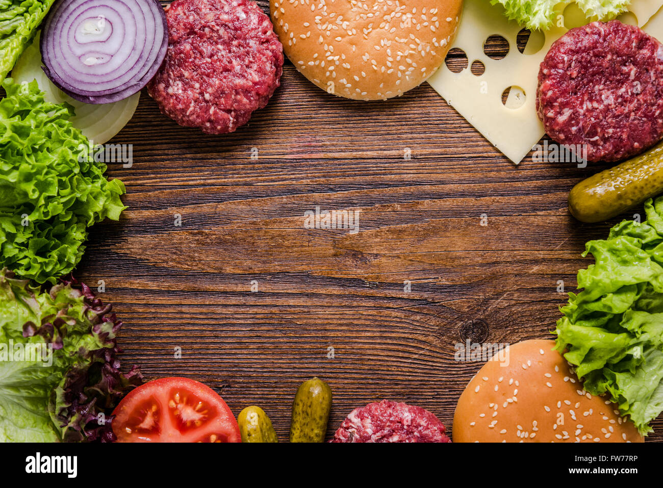 Making hamburger, background with copy space for recipe.Flat lay from ...