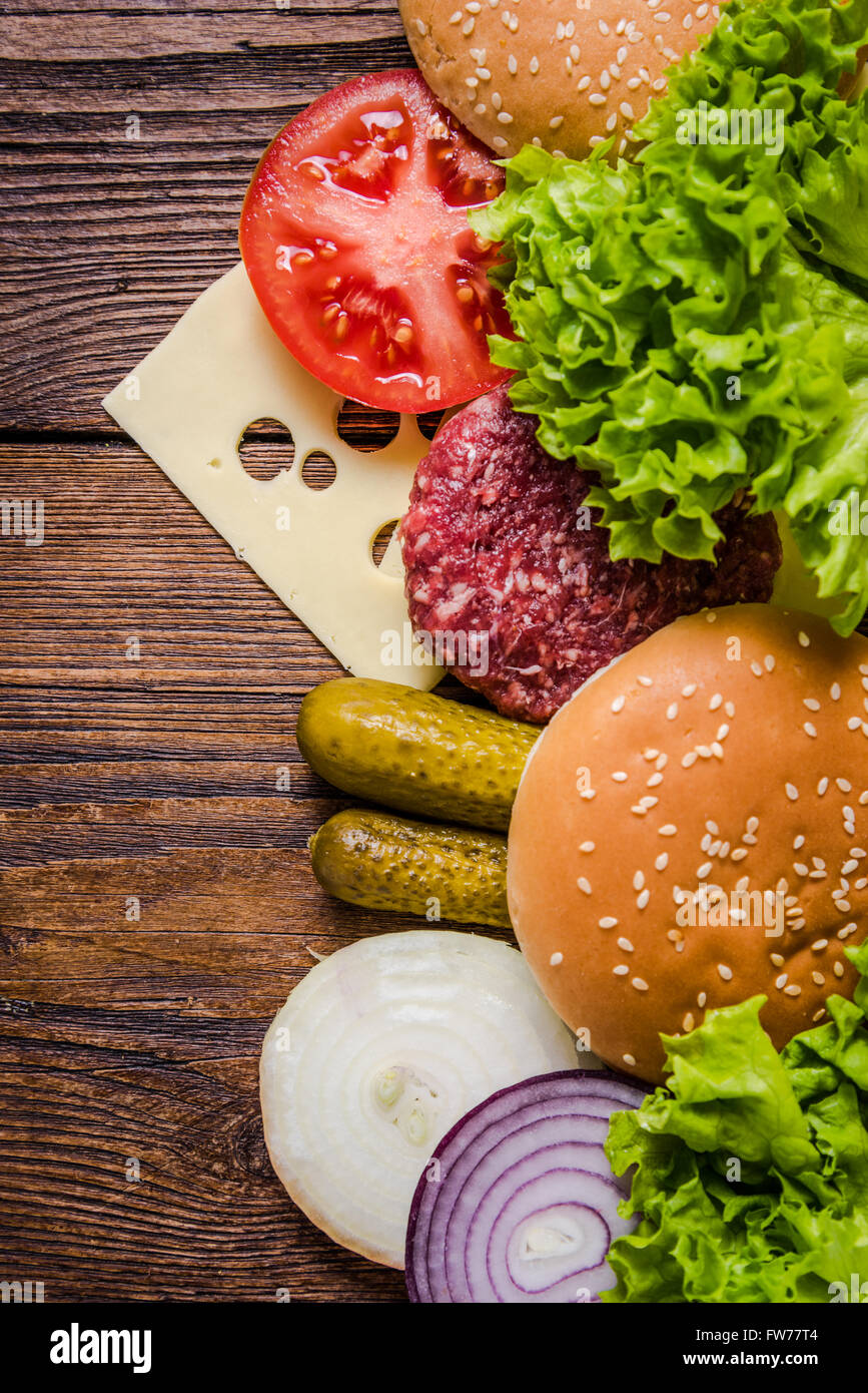 Making hamburger, background with copy space for recipe.Flat lay from ...