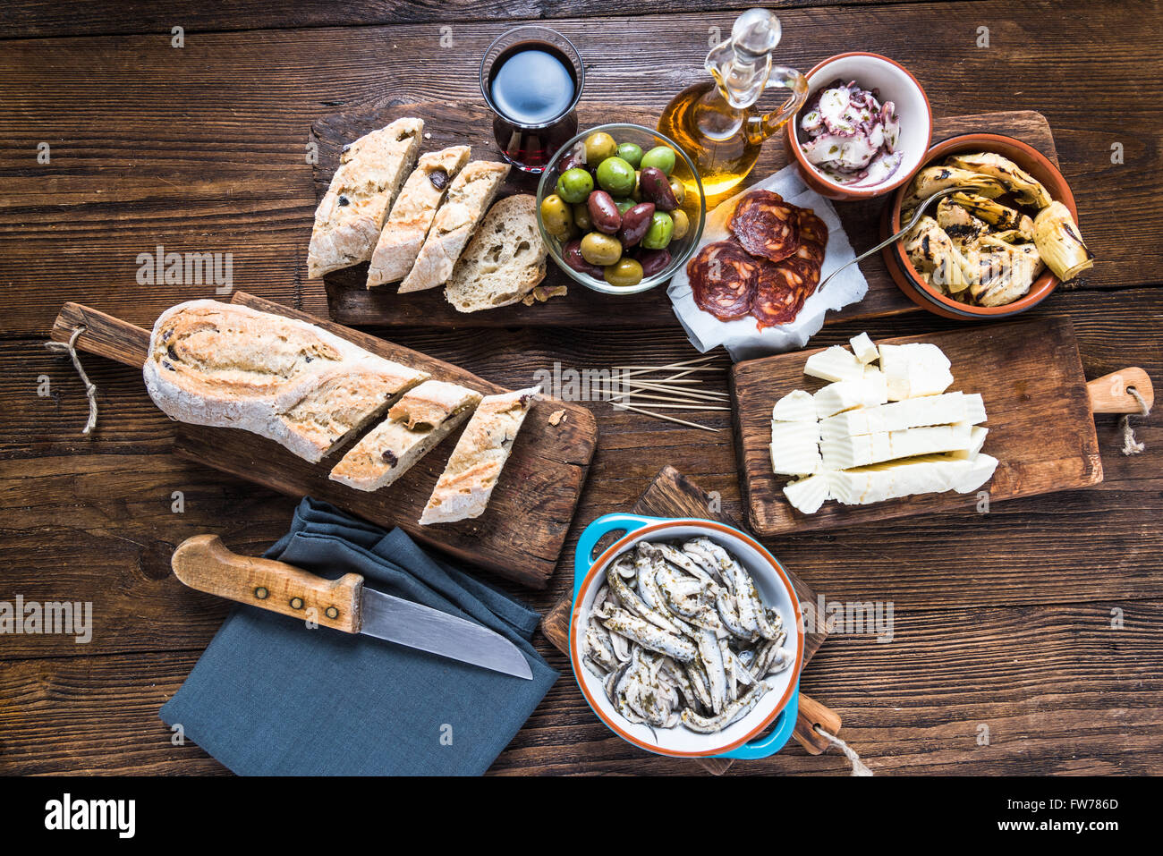 Spanish tapas, bar or street food. On wooden table in restaurant Stock ...