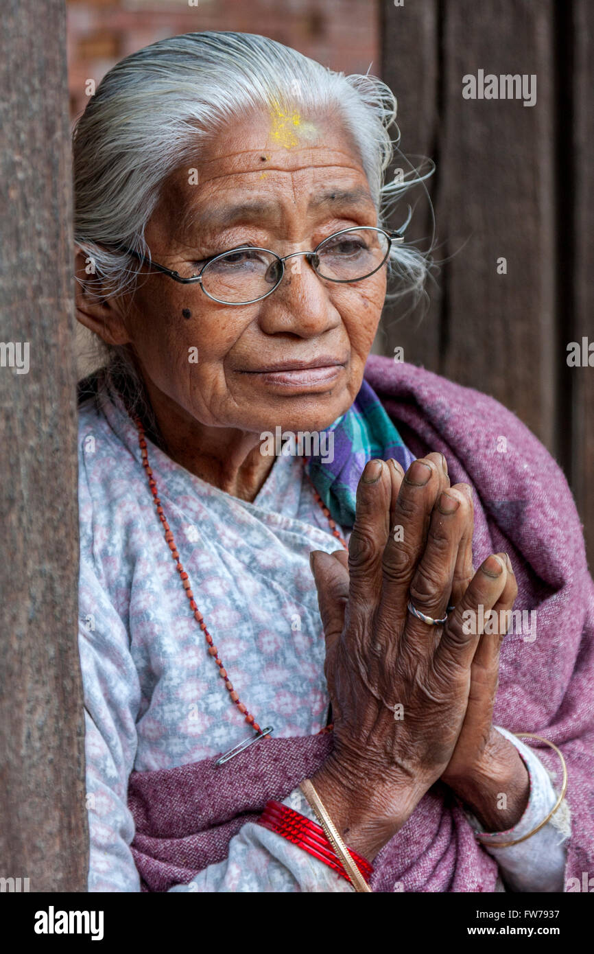 Bhaktapur, Nepal. Old Newari Woman Making Namaste Gesture of Greeting Stock Photo - Alamy