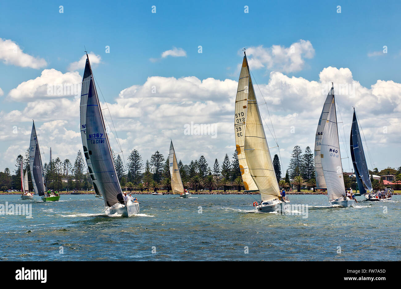 Members of a local sailing club race their yachts on Newcastle harbor ...