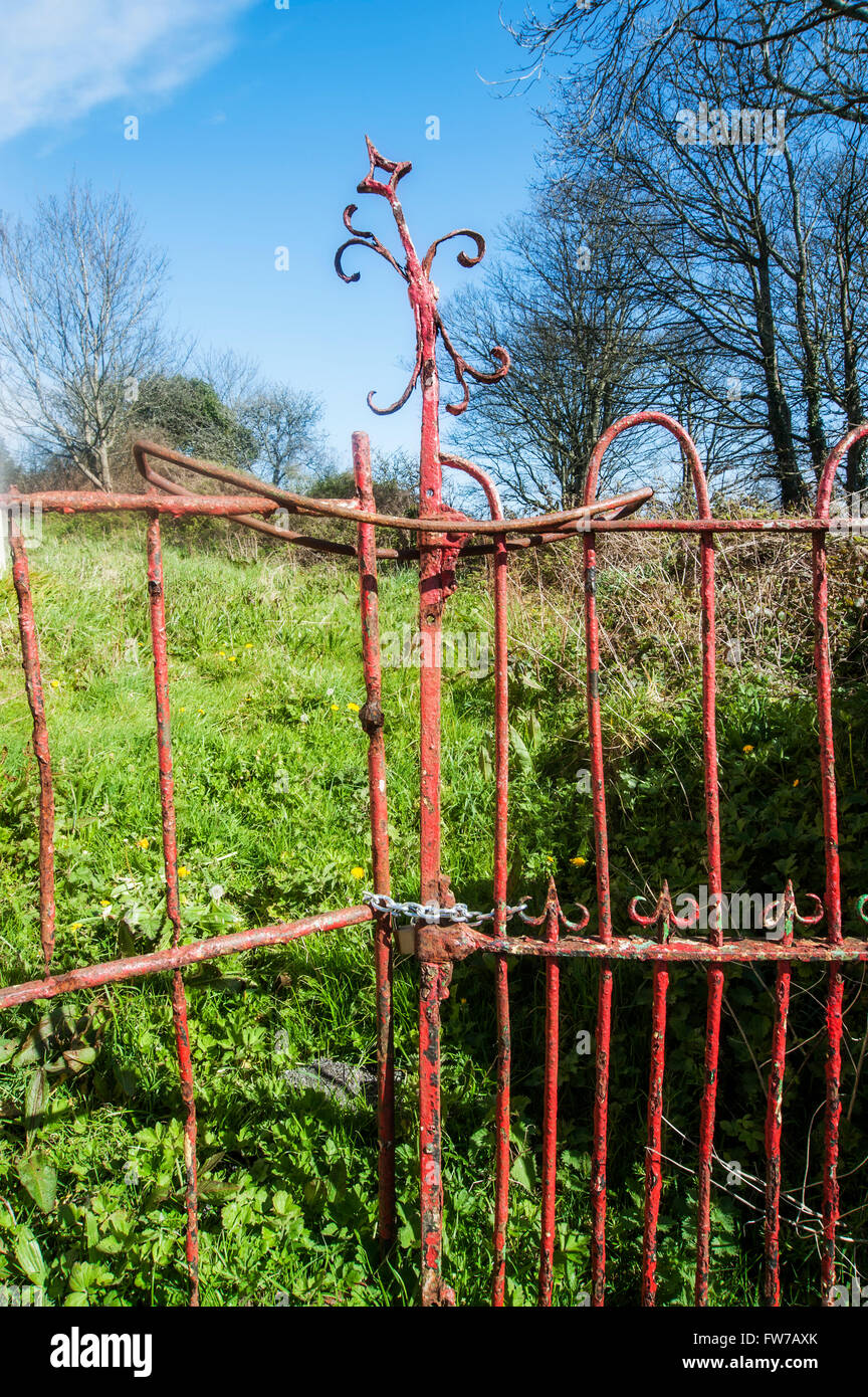 Old red gate chained closed with field behind, Ireland Stock Photo - Alamy