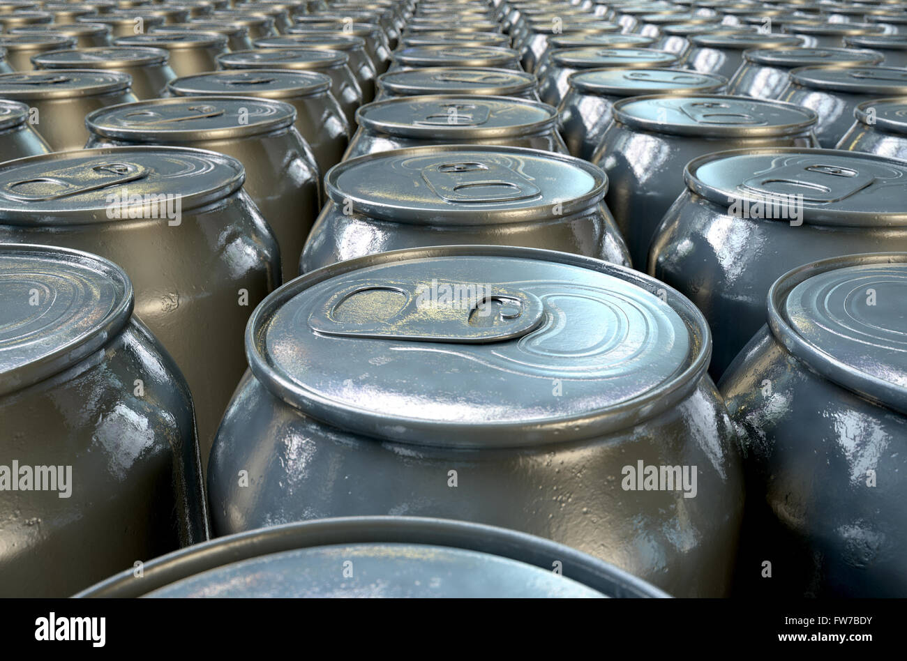 A collection of tin drink cans at the end of a factory production line ...