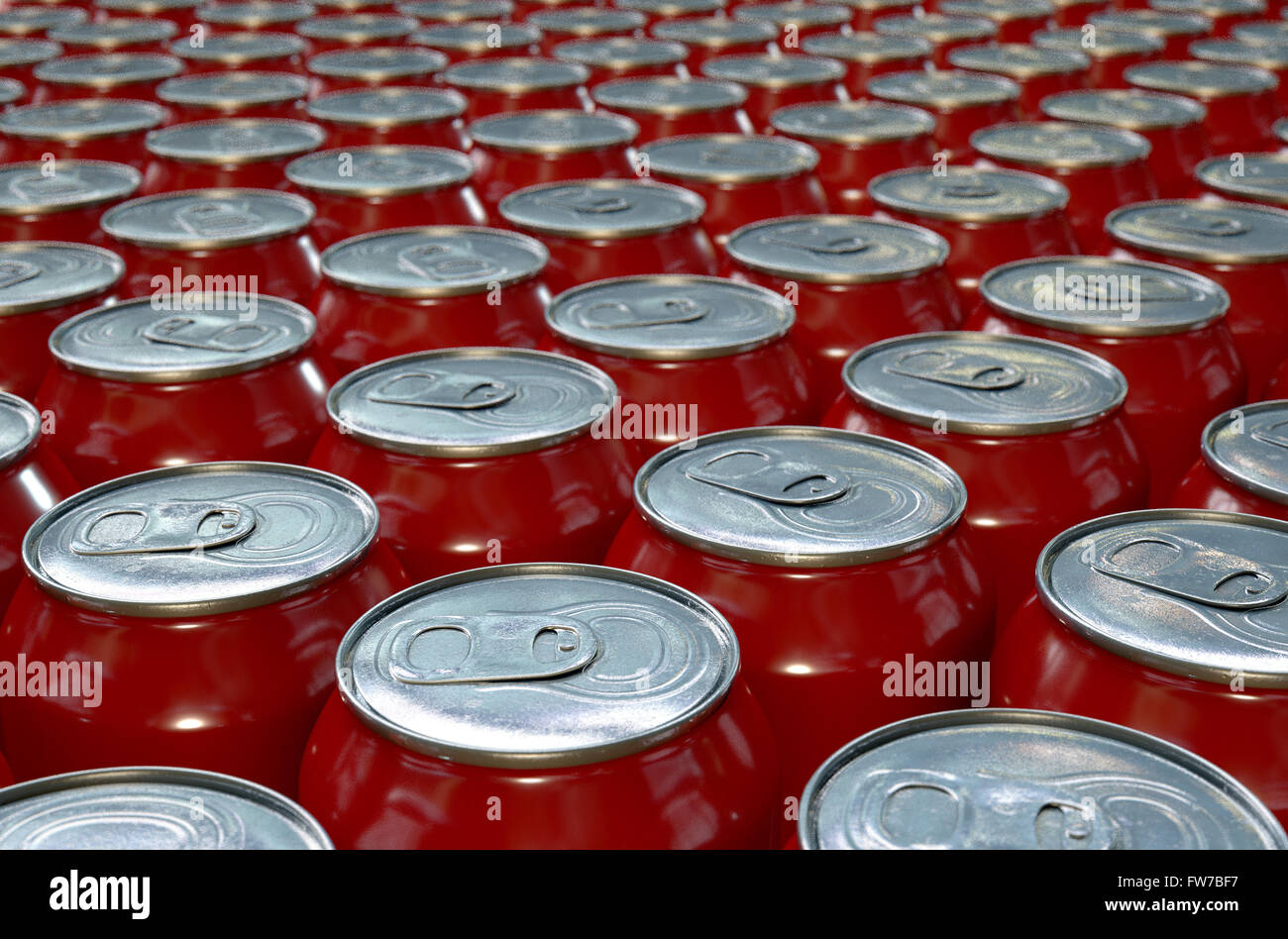 A collection of tin drink cans at the end of a factory production line ...