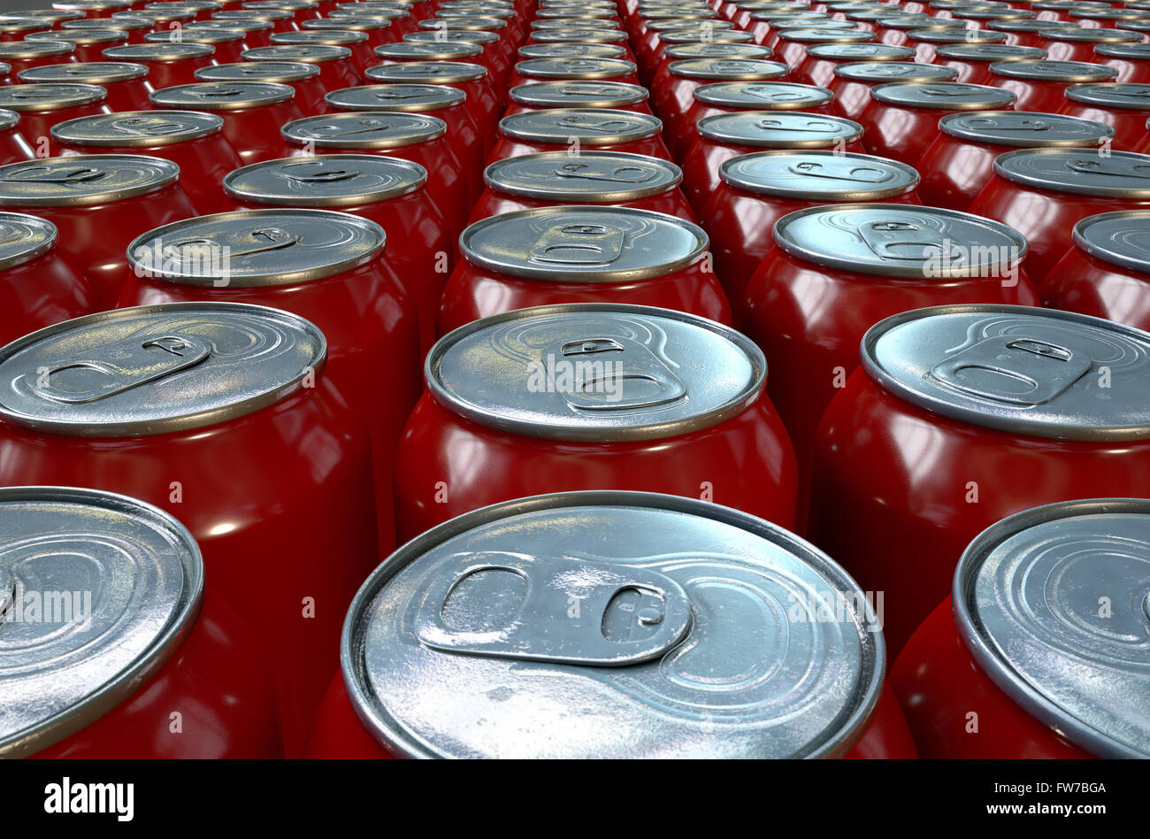A collection of tin drink cans at the end of a factory production line ...