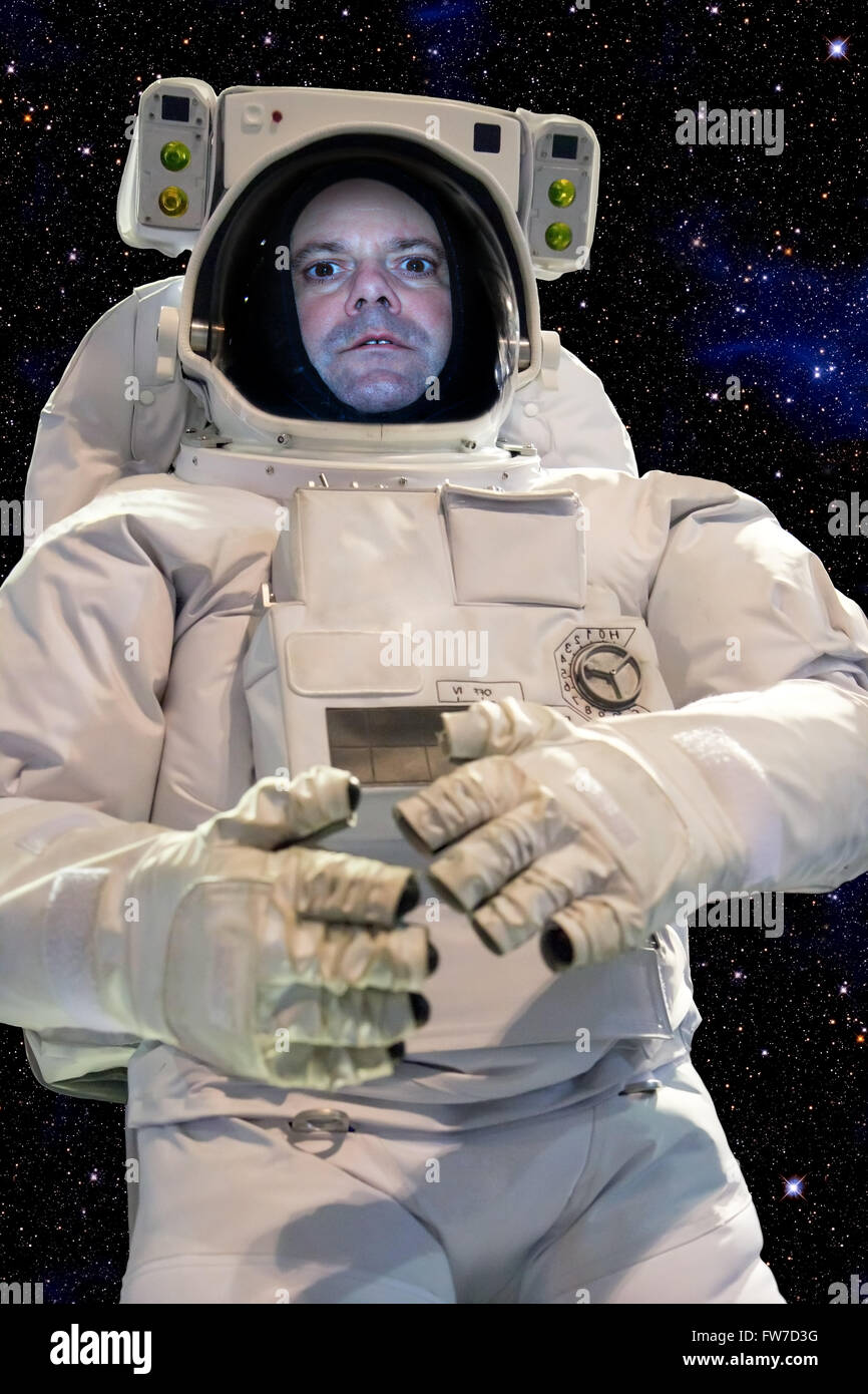 Astronaut on space mission with stars on the background Stock Photo - Alamy