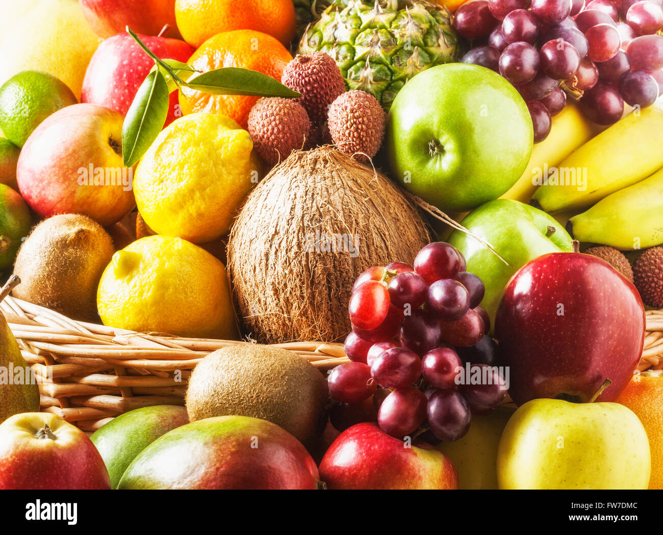 Fruits and basket background. Healthy eating and dieting concept ...