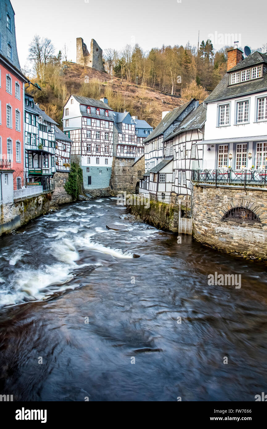 Street scene in the old medieval town of Monschau in northwest Germany ...