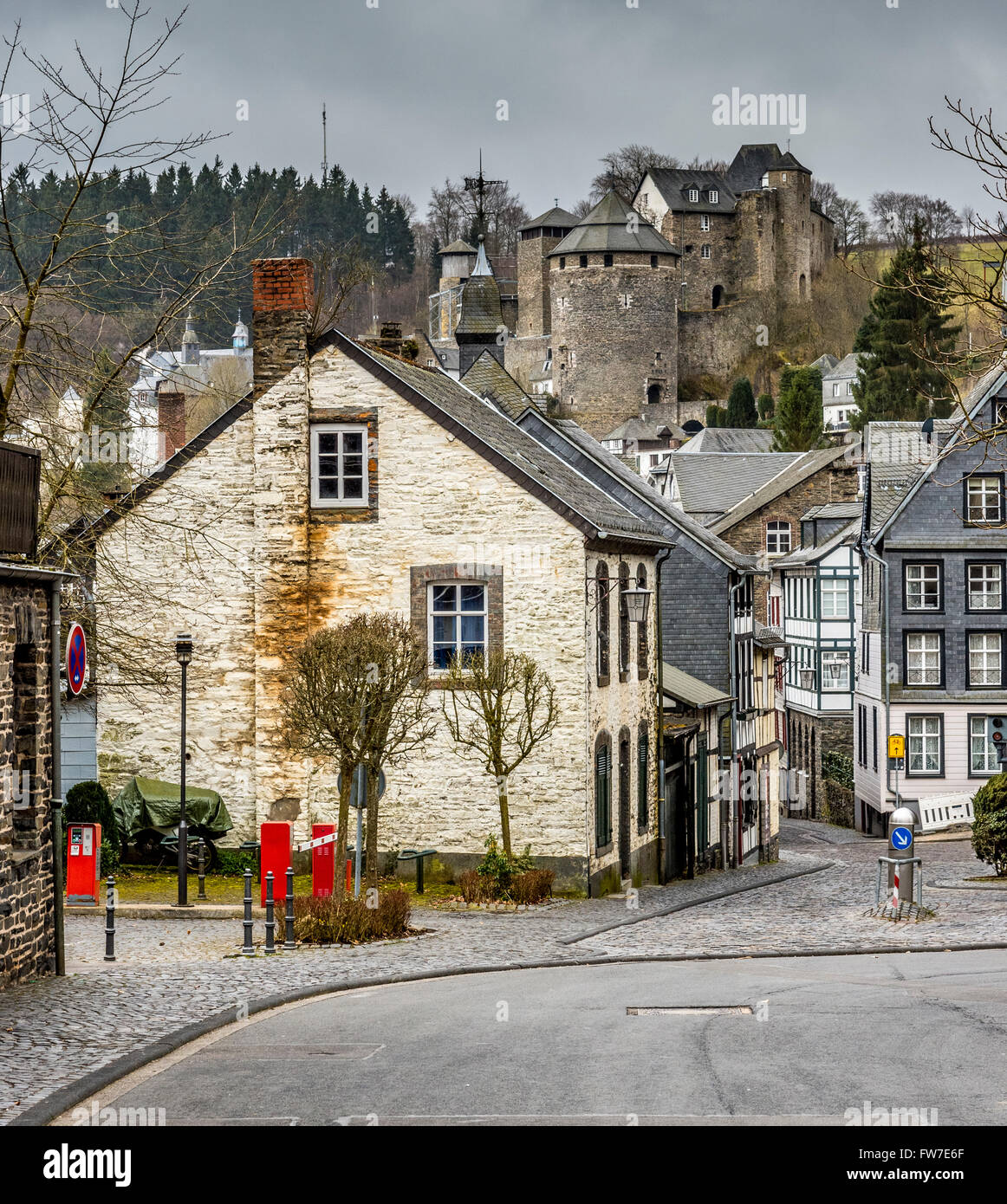 Street scene in the old medieval town of Monschau in northwest Germany ...