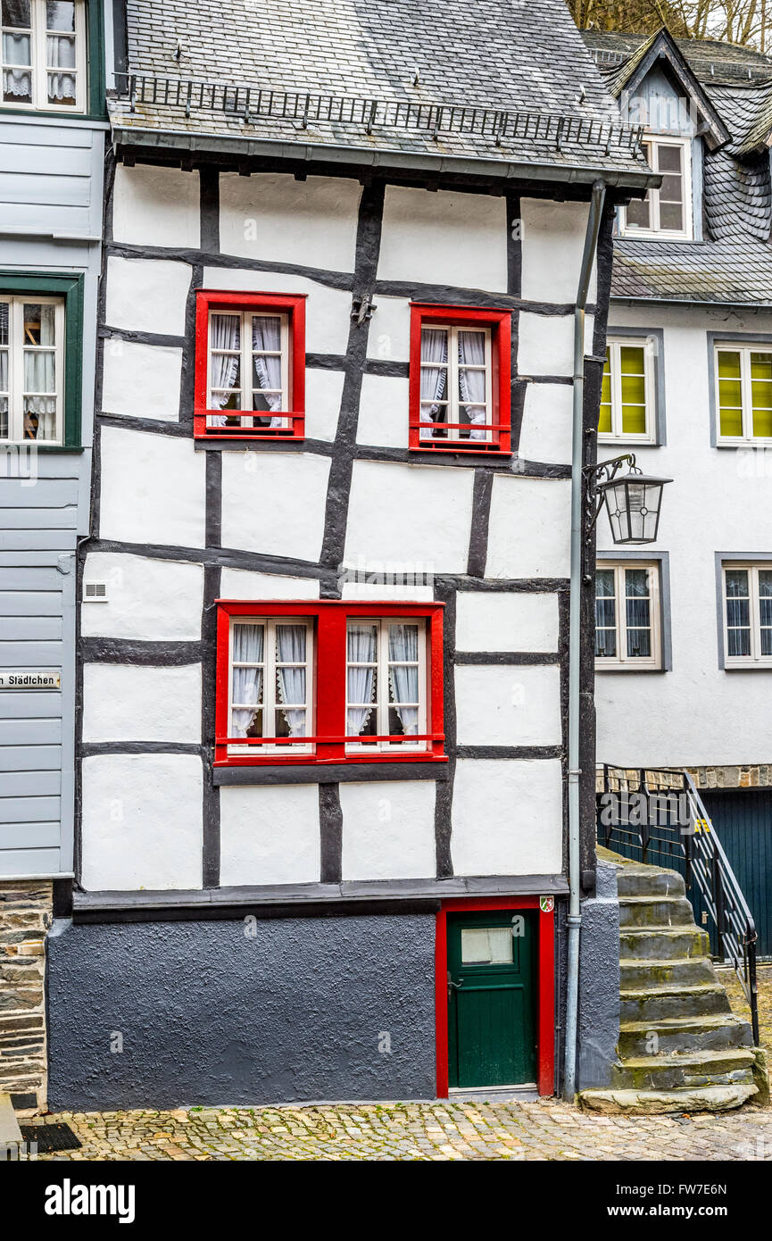 Street scene in the old medieval town of Monschau in northwest Germany ...
