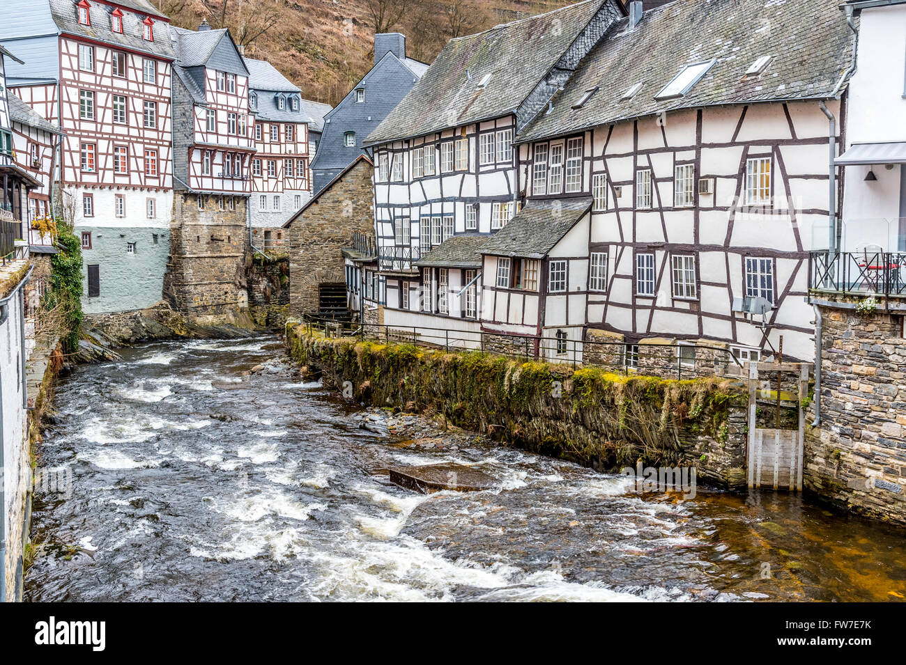 Street scene in the old medieval town of Monschau in northwest Germany ...