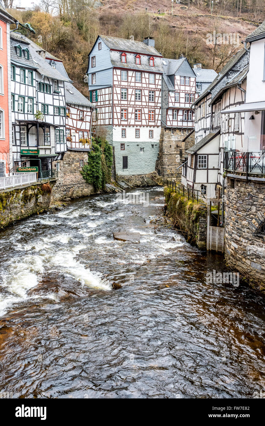 Street scene in the old medieval town of Monschau in northwest Germany ...