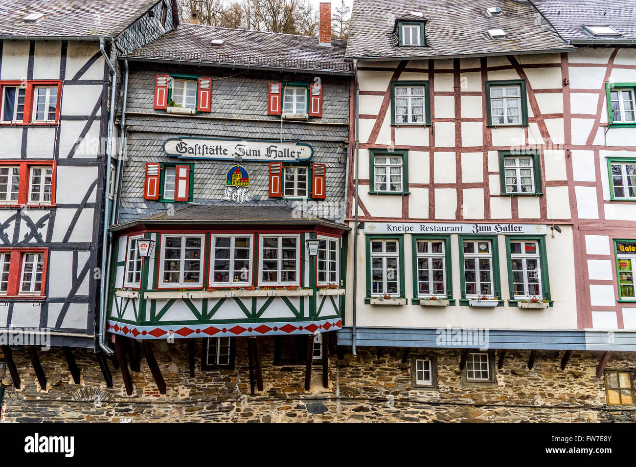 Street scene in the old medieval town of Monschau in northwest Germany ...