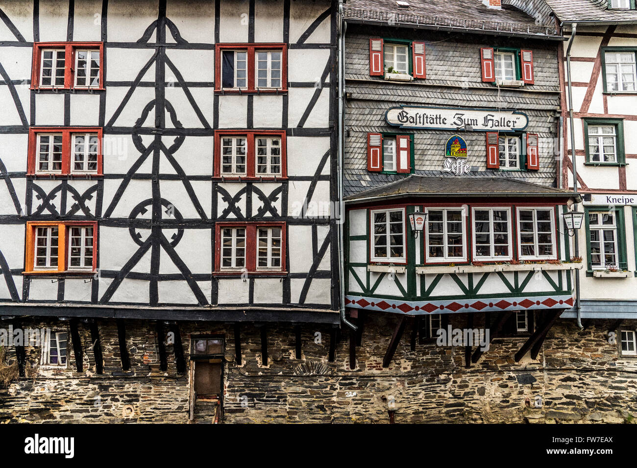 Street scene in the old medieval town of Monschau in northwest Germany ...