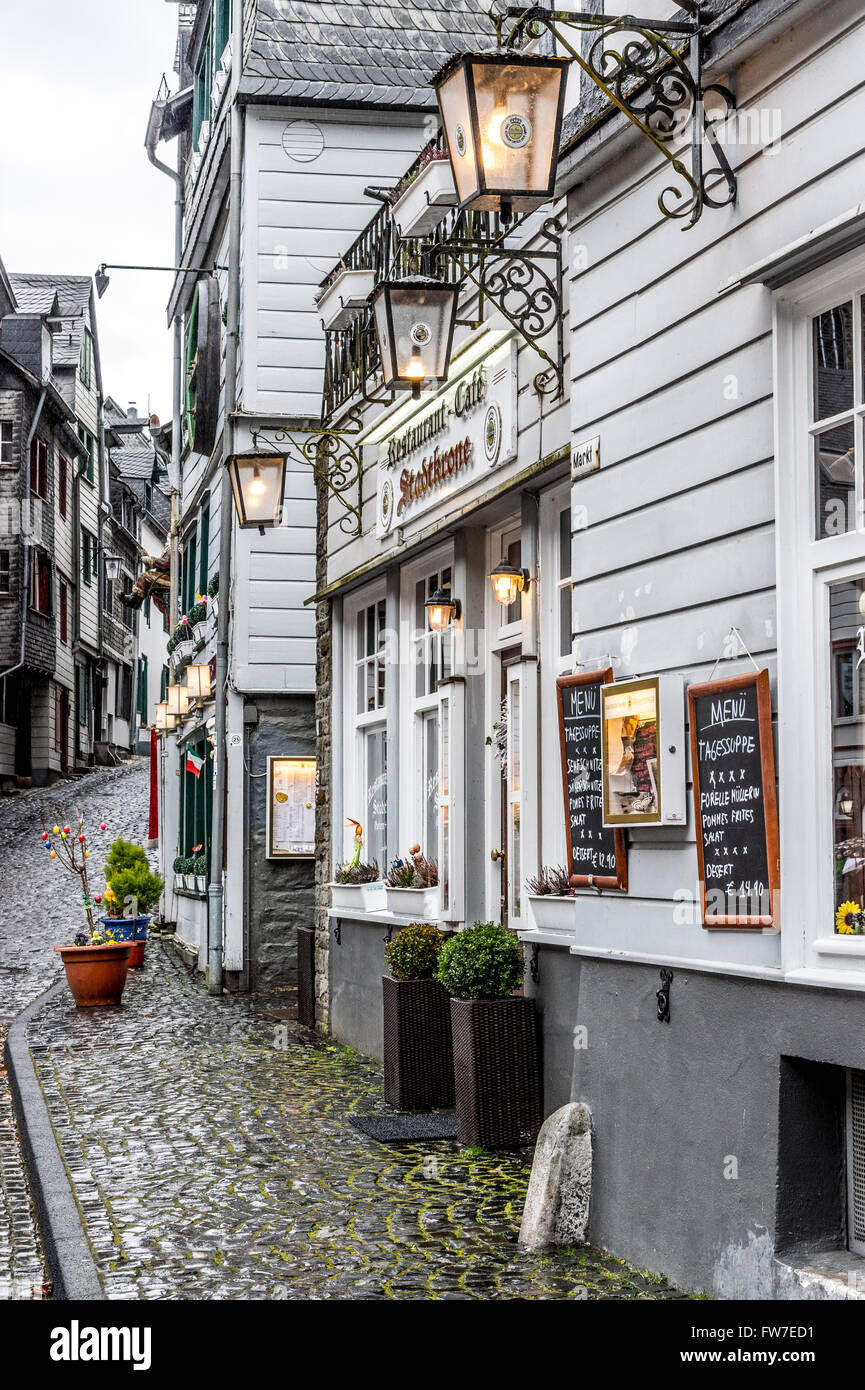 Street scene in the old medieval town of Monschau in northwest Germany ...
